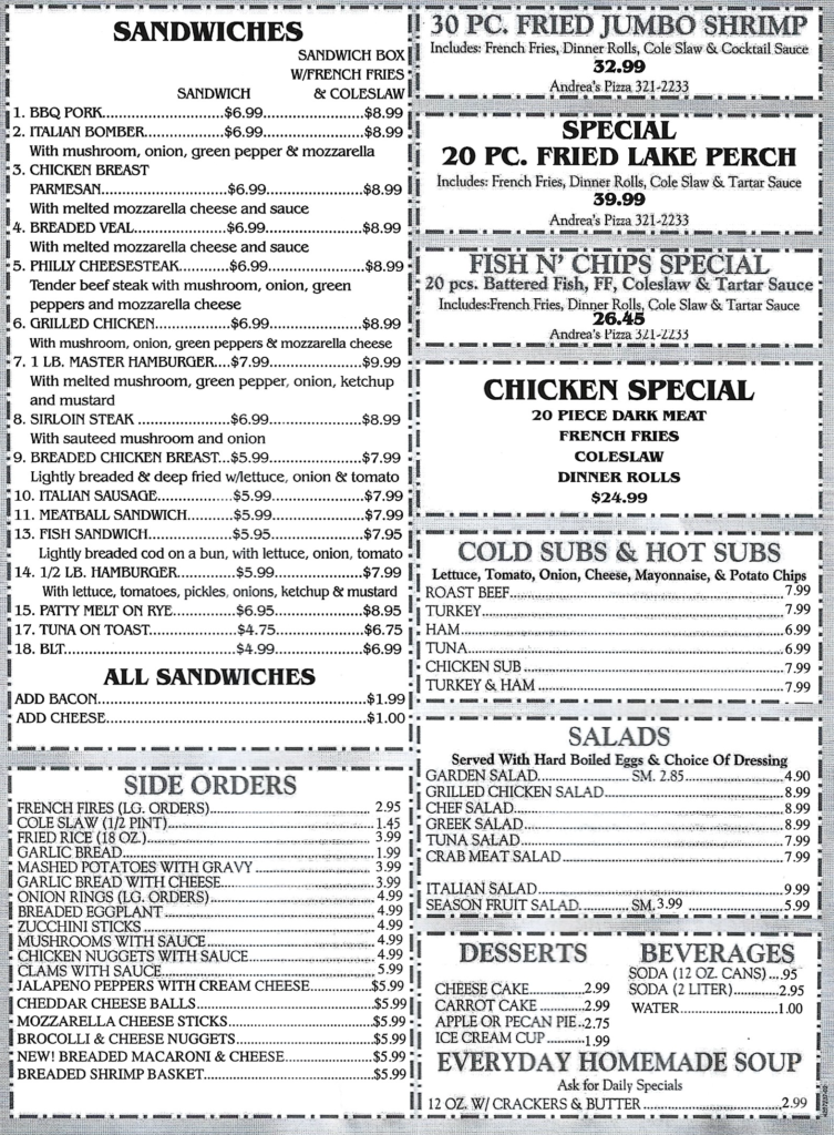 Menu - Andrea's Pizza & Restaurant